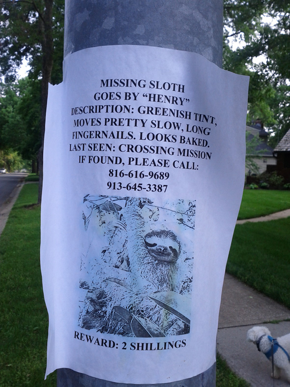 Sloth goes missing in Prairie Village -- or something